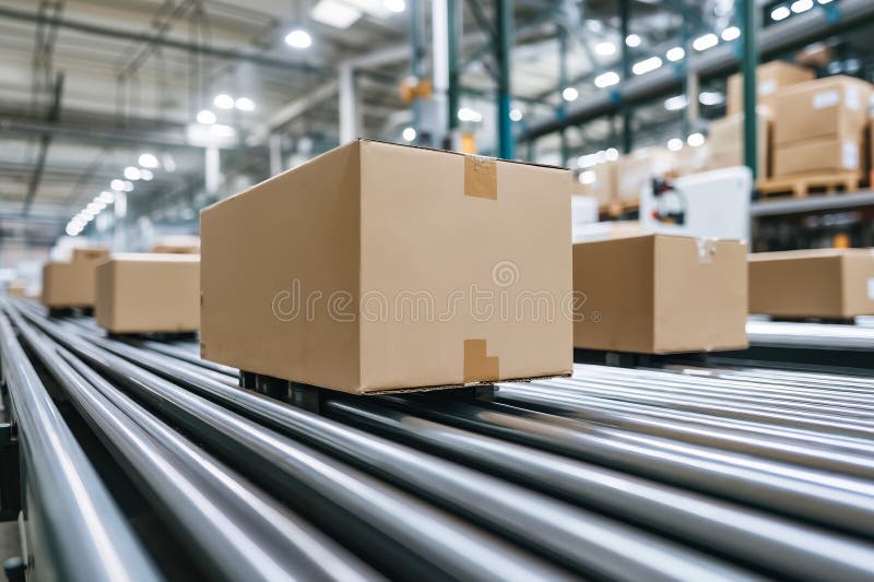 A Conveyor Belt with Boxes on it in a Warehouse Stock Photo - Image of ...