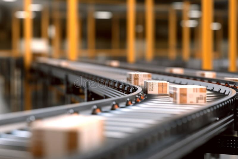 Conveyor Belt with Cardboard Boxes in Warehouse, 3d Render in Factory Stock Illustration ...