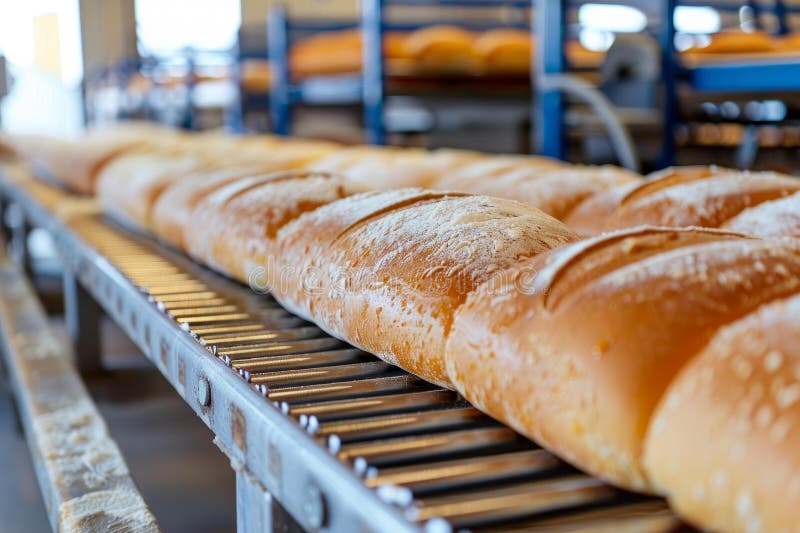 Freshly Baked Bread Moving on Conveyor Belt in Bakery Stock Image ...