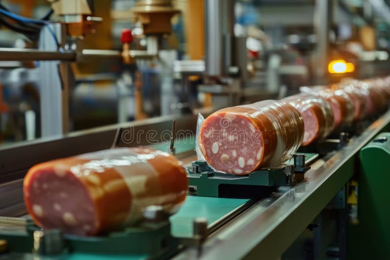 Conveyor Belt Carrying Various Types of Meat Products for Processing ...