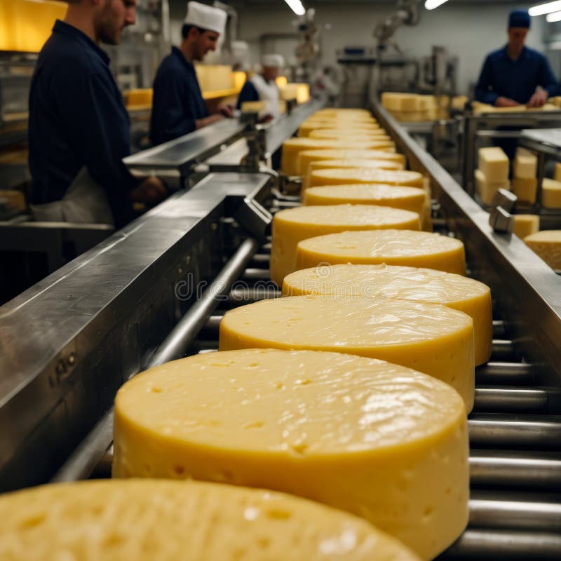 Conveyor Belt in Cheese Factory with Several Slices of Cheese on it ...