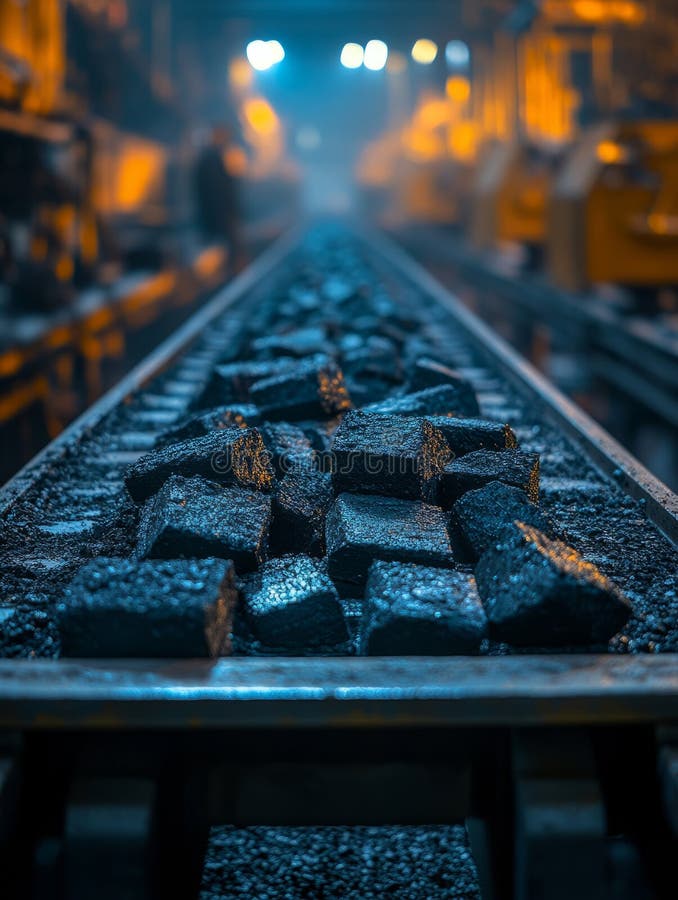 Conveyor Belt with Coal Blocks in an Industrial Factory Setting. Stock ...