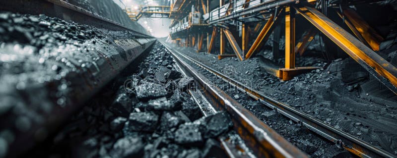 A Conveyor Belt in a Coal Mining Facility, with Chunks of Coal Being ...