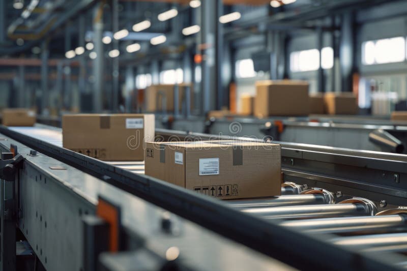 Conveyor Belt in a Factory with Boxes, Suitable for Industrial Concepts ...
