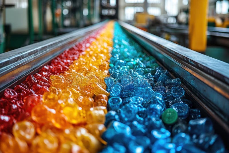 A Conveyor Belt in a Factory, Carrying Colorful Plastic Pieces in a ...