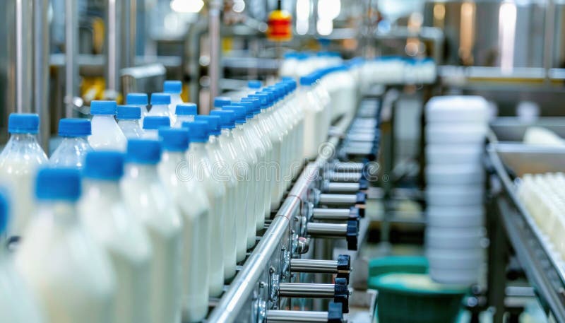 A Conveyor Belt Filled with Bottles of Milk is Shown Operating in a ...