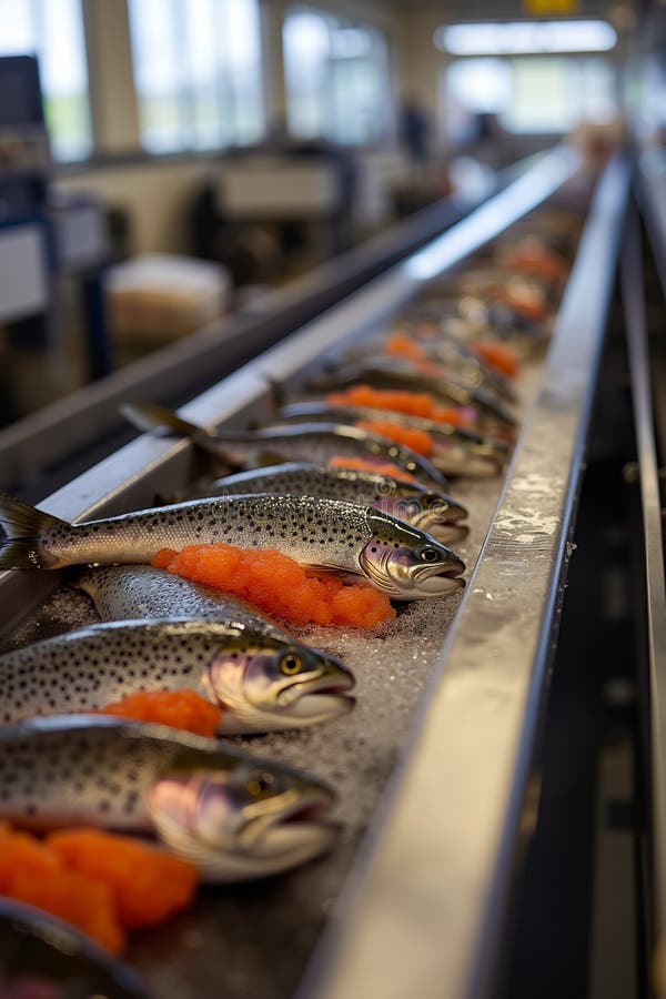 A Conveyor Belt Filled with Lots of Different Types of Fish Stock Photo ...