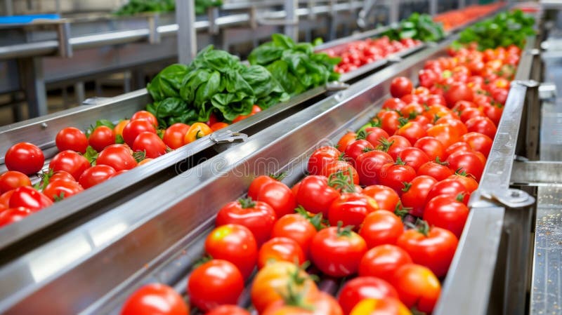 A Conveyor Belt Filled with Red Tomatoes and Green Lettuce Transporting ...