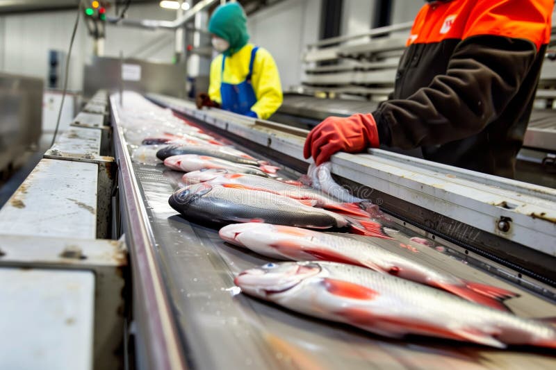 Conveyor Belt with Fish for Packaging, Supervised by Worker Stock ...