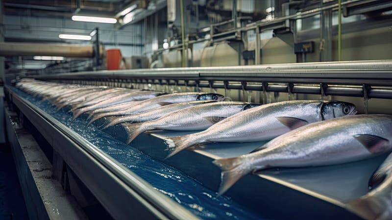 Conveyor Belt in a Fish Processing Factory with a Line of Fresh Salmon ...