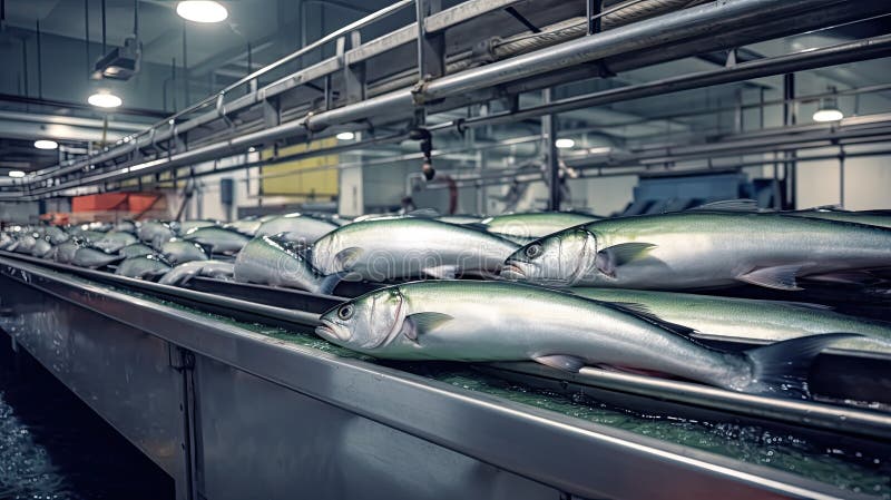 Conveyor Belt in a Fish Processing Factory with a Line of Fresh Salmon ...