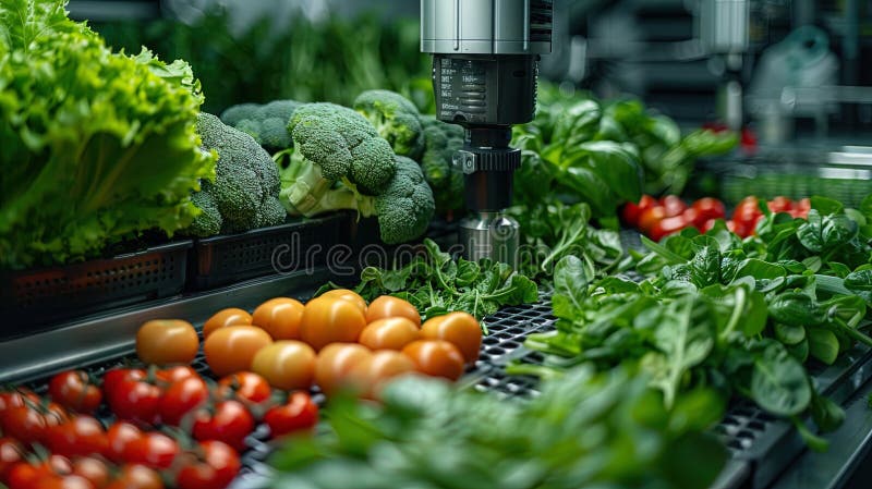 A Conveyor Belt of Fresh Produce Including Tomatoes, Broccoli, and ...