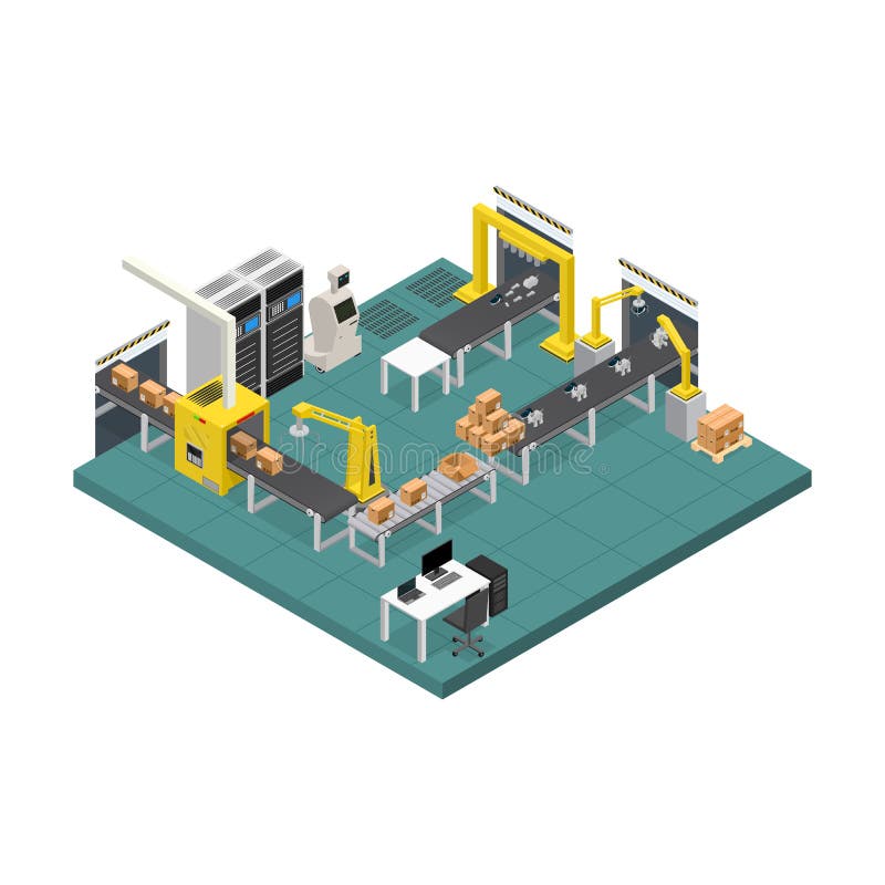 Conveyor Line Factory Interior with Isometric View. Vector Stock Vector ...