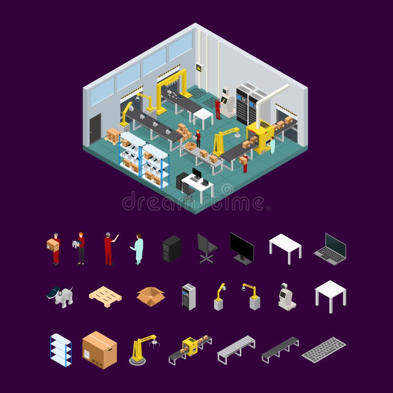 Conveyor Line Factory Interior with Isometric View. Vector Stock Vector ...