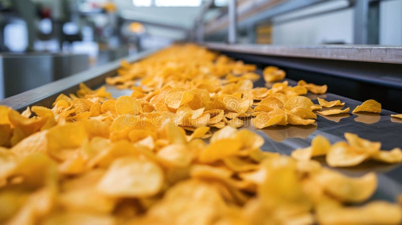 A Conveyor Belt Loaded with Potato Chips in a Production Plant Stock ...