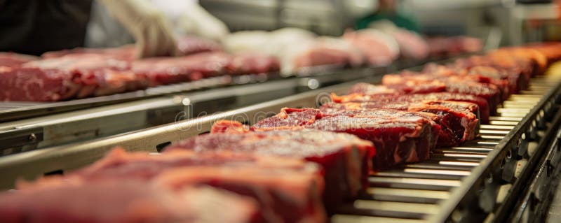 A Conveyor Belt in a Meat Processing Plant, with Cuts of Meat Being ...