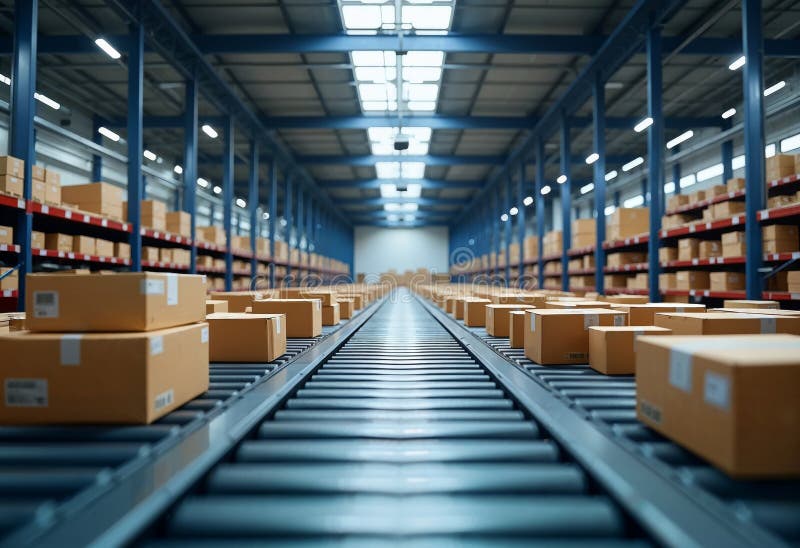 Conveyor Belt Transporting Packages in a Large Warehouse Filled with ...
