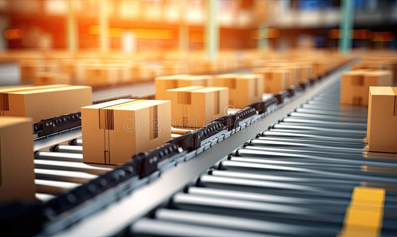 Conveyor Belt with Moving Boxes and Industrial Equipment Stock ...