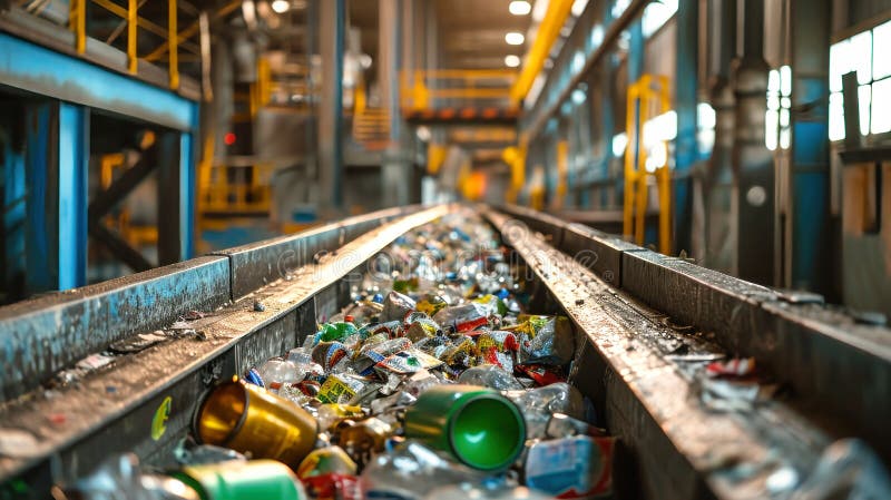 Conveyor Belt Overflowing with Bottles and Cans at Garbage Processing ...