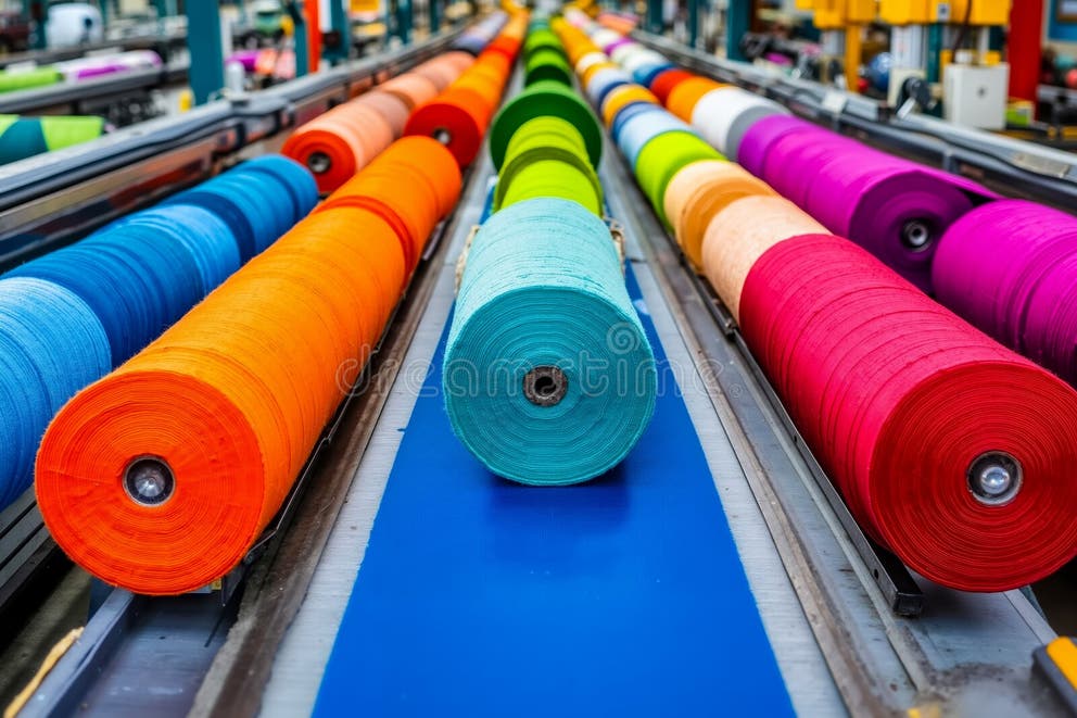 A Conveyor Belt with Rolls of Colorful Fabric on it Stock Image - Image ...