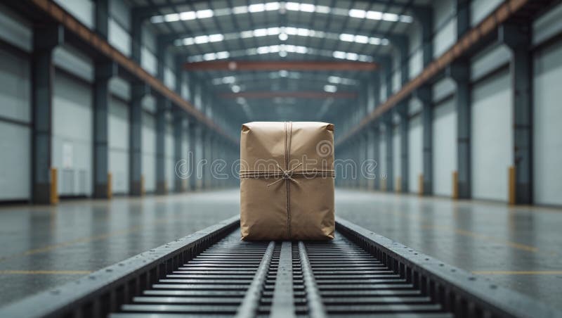 Conveyor Belt with Single Package in Large Warehouse Stock Photo ...