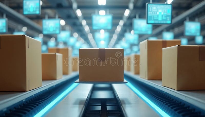 Conveyor Belt System Handling Packages in a Modern Warehouse during a ...