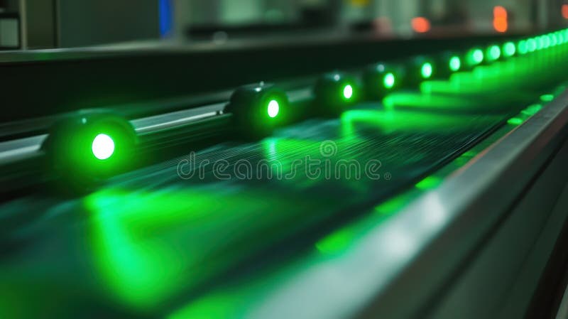 Conveyor Belt System Illuminating Manufacturing Process with Green ...