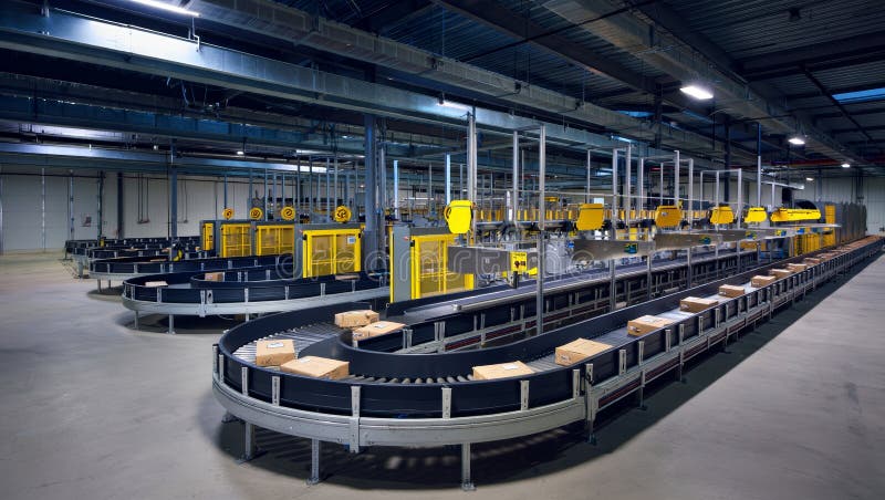 Conveyor Belt System with Packages in a Warehouse Stock Photo - Image ...