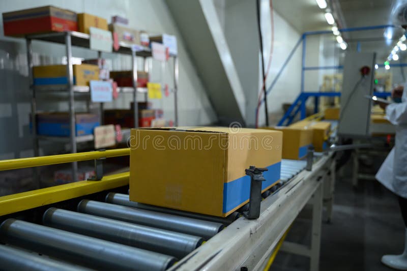 Conveyor Belt System Transporting Cardboard Boxes in Modern Food ...