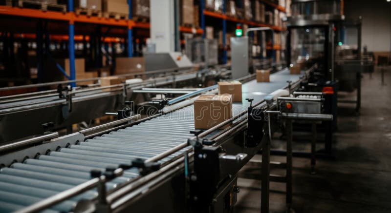 Conveyor Belt System in Warehouse with Moving Boxes Stock Photo - Image ...