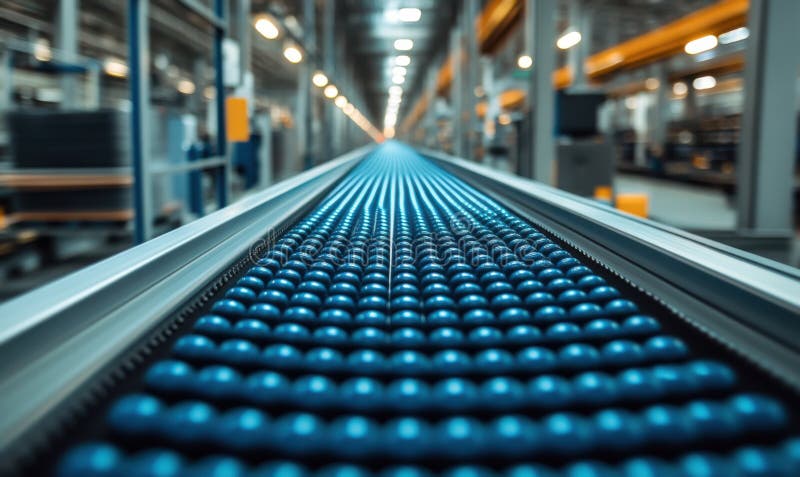 Conveyor Belt Transporting Blue Balls in a Modern Warehouse Facility ...