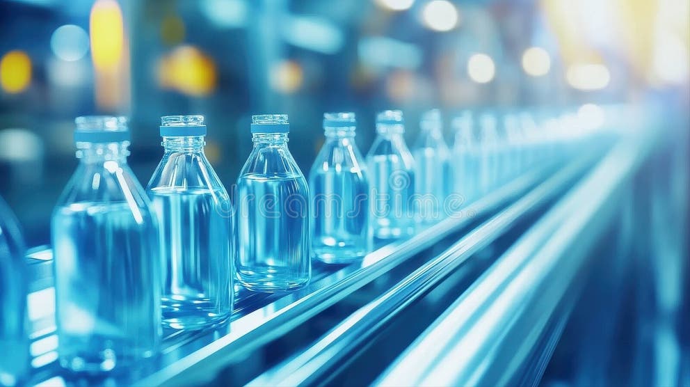 Conveyor Belt Transporting Clear Plastic Bottles Filled with Light Blue ...