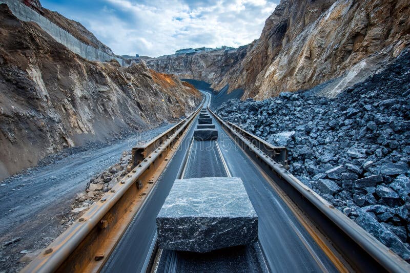 Conveyor Belt Transporting Large Granite Blocks in Open Pit Mine Stock ...