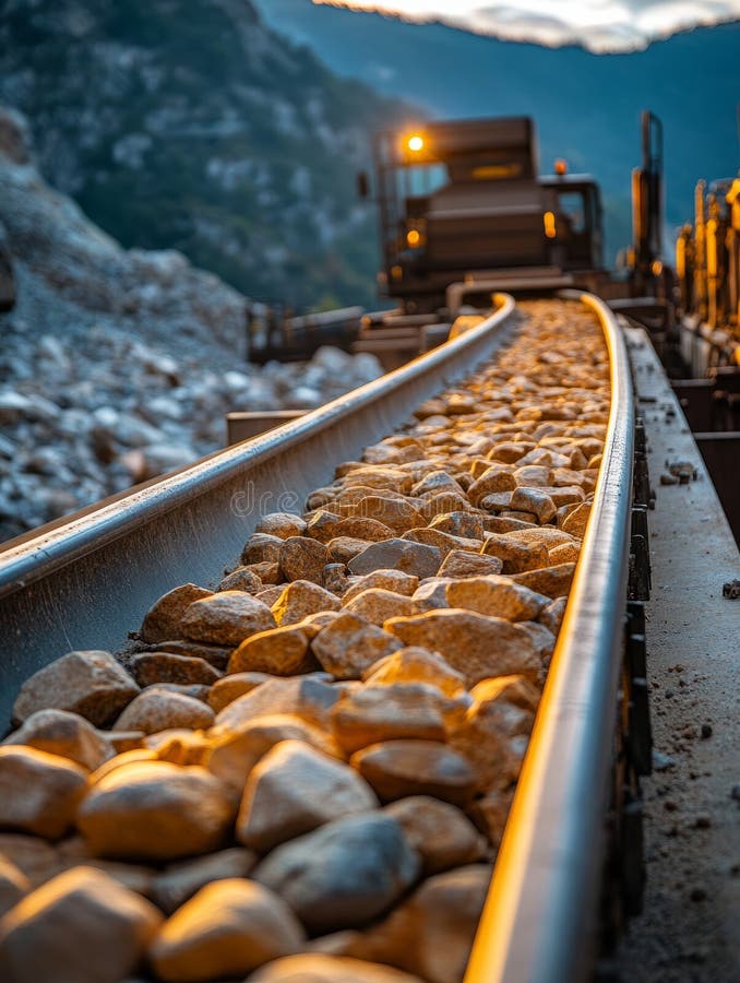 Conveyor Belt Transporting Rocks at a Quarry Site. Stock Image - Image ...