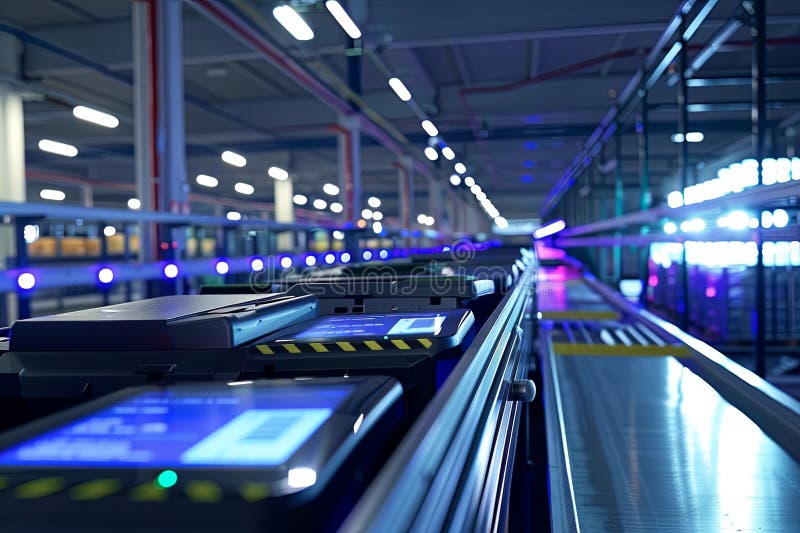 A Conveyor Belt Transporting Various Electronic Devices in a Factory ...