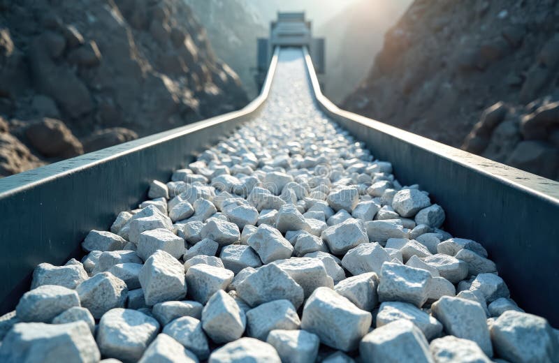 Conveyor Belt Transports White Rocks in Industrial Setting. Industrial ...