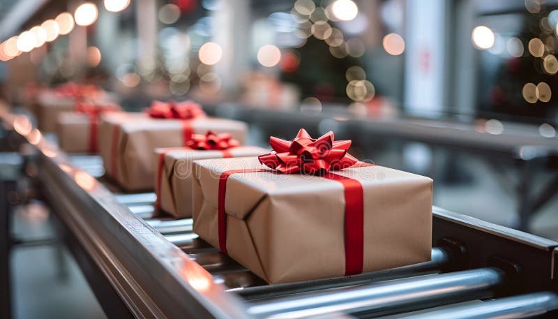 Conveyor Belt with Wrapped Gifts Symbolizes Efficient Holiday Logistics ...