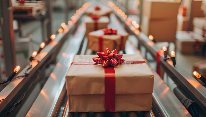 Conveyor Belt with Wrapped Gifts Symbolizes Efficient Holiday Logistics ...