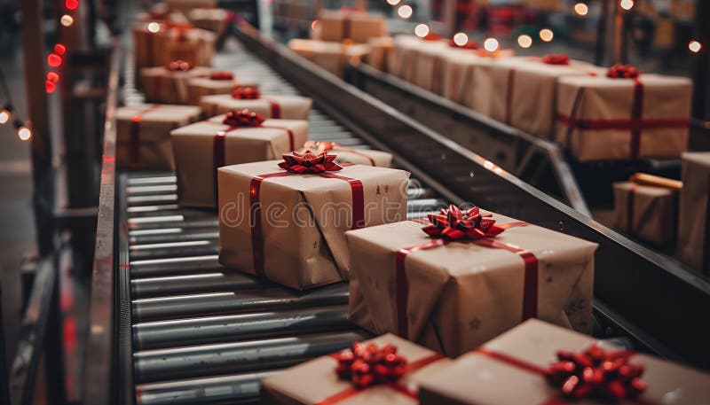 Conveyor Belt with Wrapped Gifts Symbolizes Efficient Holiday Logistics ...