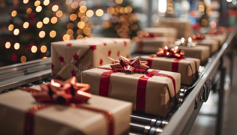 Conveyor Belt with Wrapped Gifts Symbolizes Efficient Holiday Logistics ...