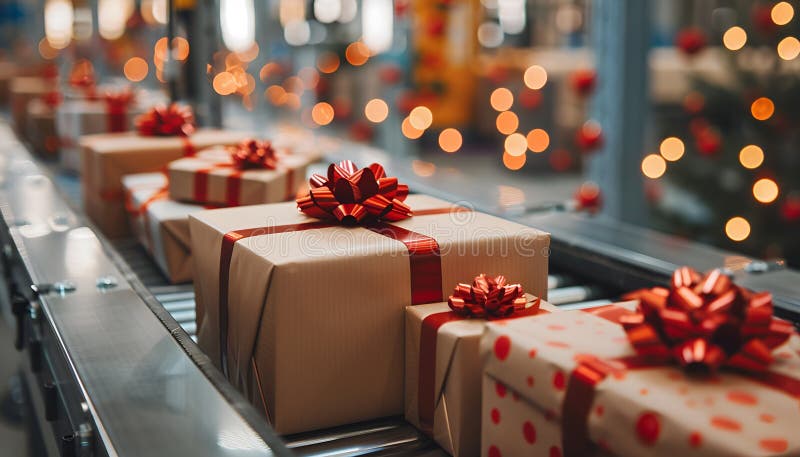 Conveyor Belt with Wrapped Gifts Symbolizes Efficient Holiday Logistics ...