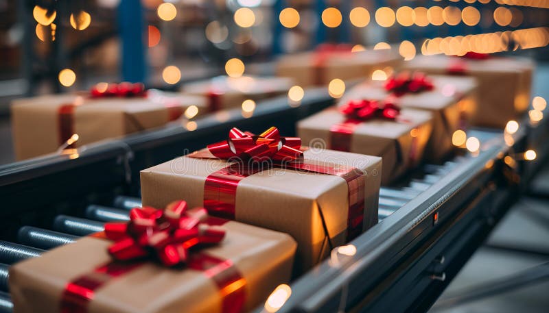 Conveyor Belt with Wrapped Gifts Symbolizes Efficient Holiday Logistics ...