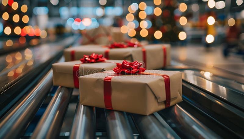 Conveyor Belt with Wrapped Gifts Symbolizes Efficient Holiday Logistics ...