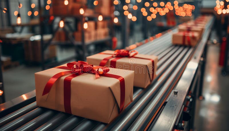Conveyor Belt with Wrapped Gifts Symbolizes Efficient Holiday Logistics ...