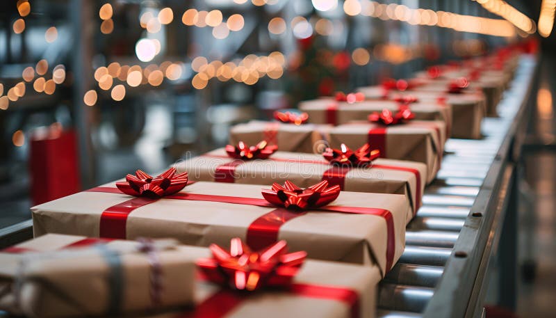 Conveyor Belt with Wrapped Gifts Symbolizes Efficient Holiday Logistics ...