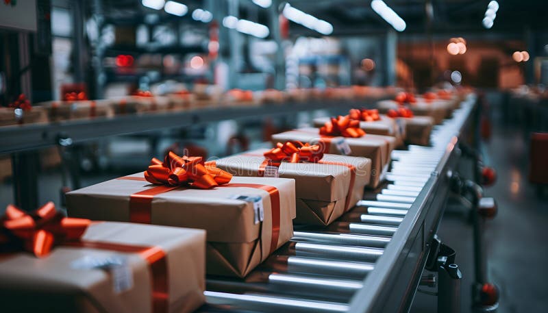 Conveyor Belt with Wrapped Gifts Symbolizes Efficient Holiday Logistics ...