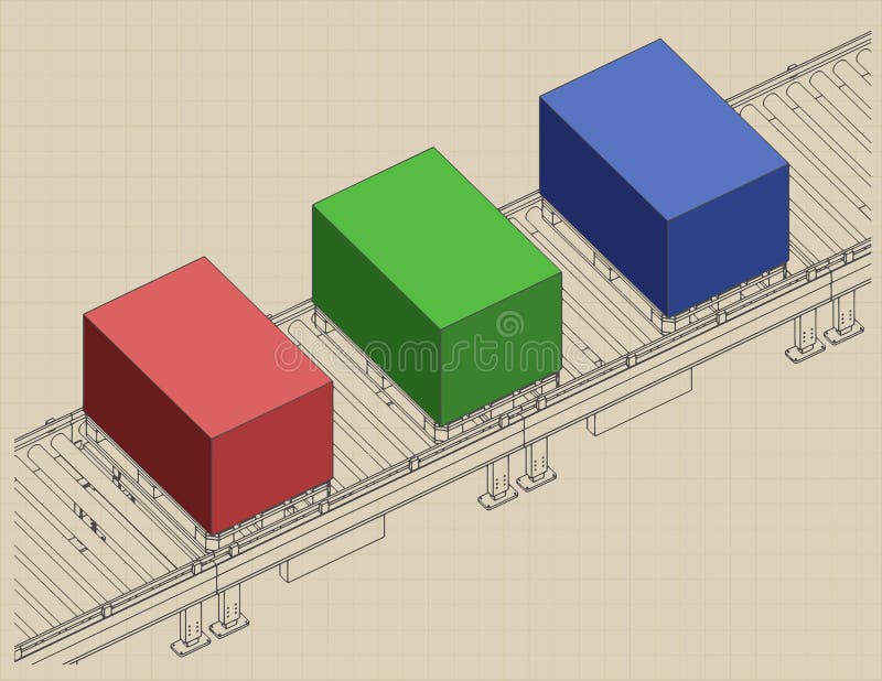 Conveyor with Boxes on Pallets Isometric Drawings Stock Illustration ...