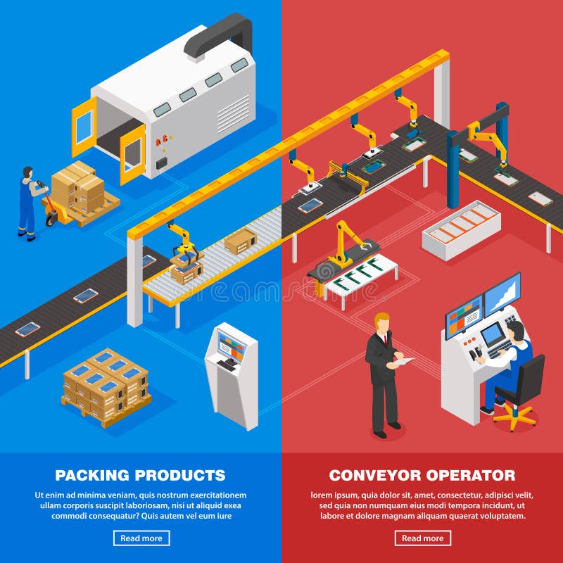 Conveyor Line Banners Set stock vector. Illustration of mechanic ...