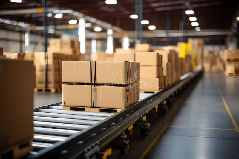 Conveyor Line with Cardboard Boxes on it in Distribution Warehouse ...