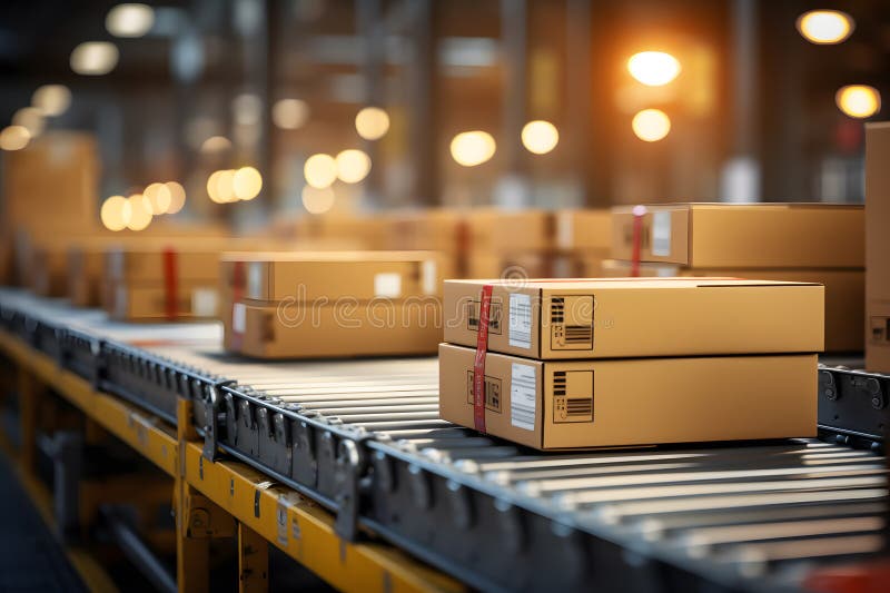 Conveyor Line with Cardboard Boxes on it in Distribution Warehouse ...